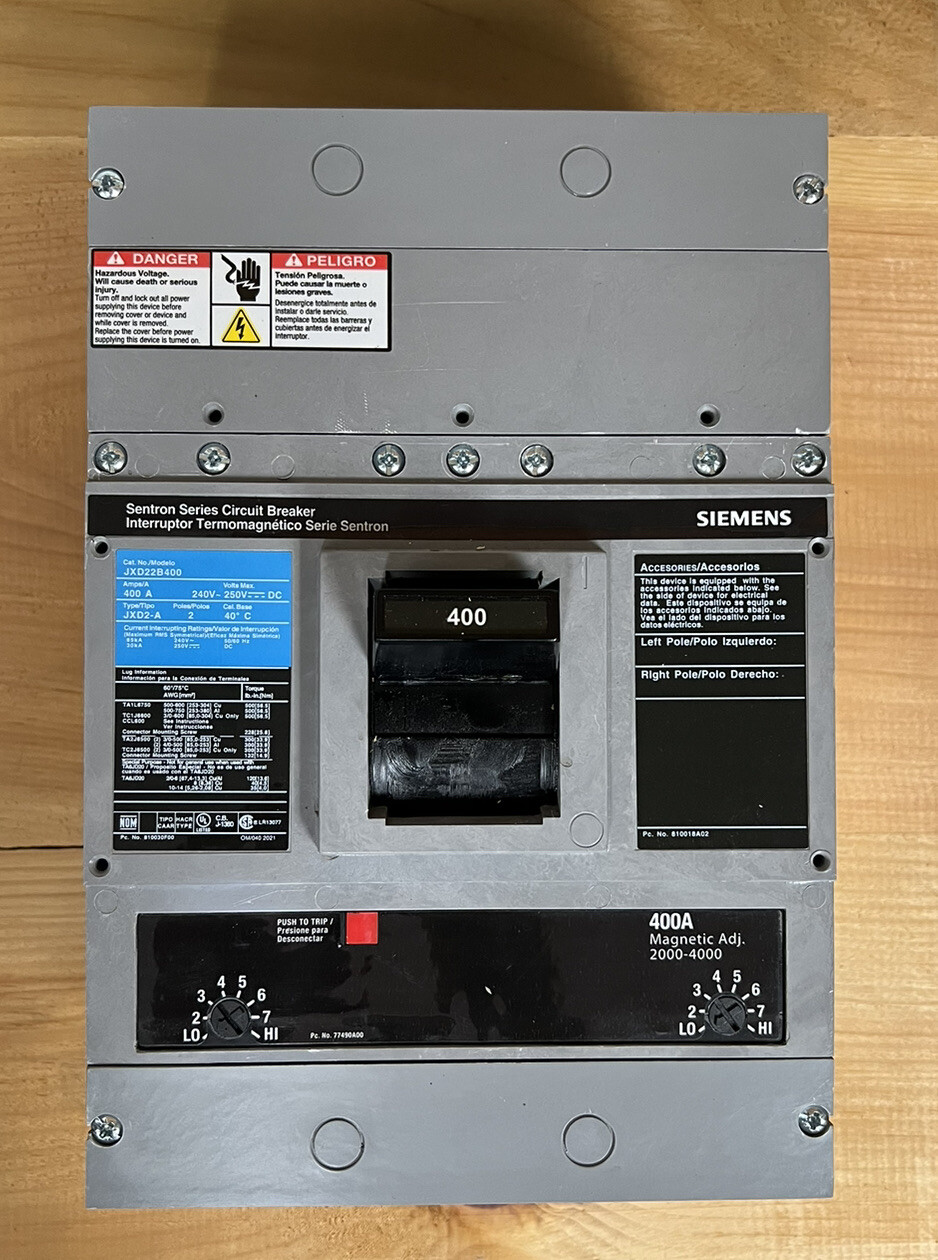 JXD22B400 Siemens 400 Amp 240V 2 Pole Sentron Series Bolt On Circuit ...