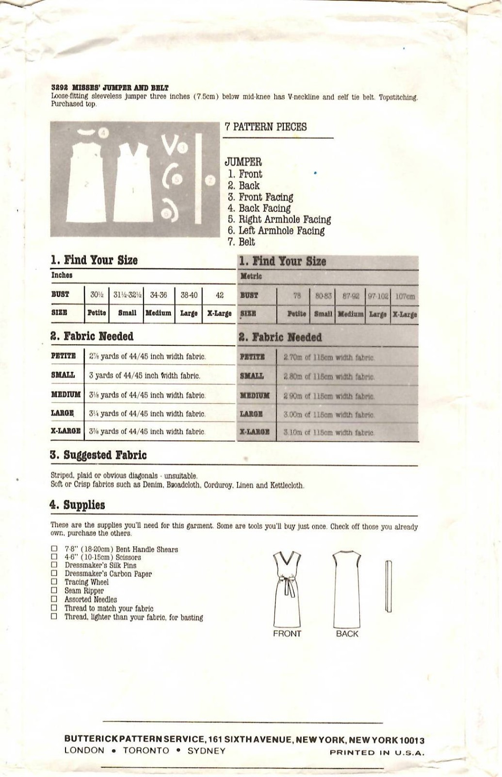 Vintage 1970s Butterick Sewing Pattern Women's JUMPER BELT 3292 Large ...