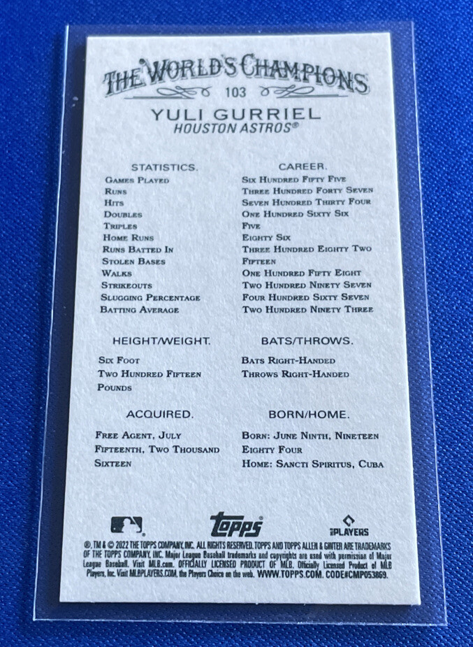 2022 Allen & Ginter Mini Black Border #103 Yuli Gurriel - Houston ...