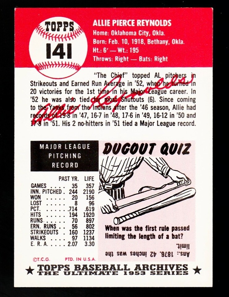 1991 Topps Archives Allie Reynolds 1953 Topps Signed Autograph #141 ...