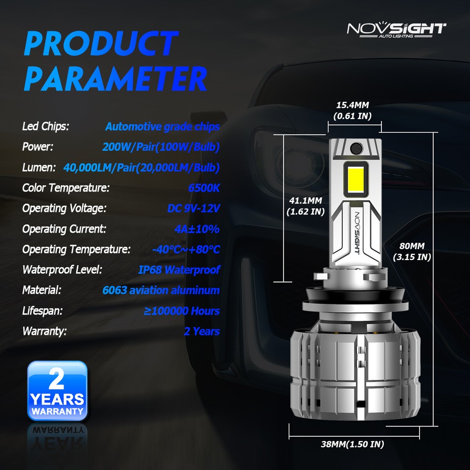 NOVSIGHT H11 H9 LED Headlight Bulbs Conversion High Low Beam 200W ...