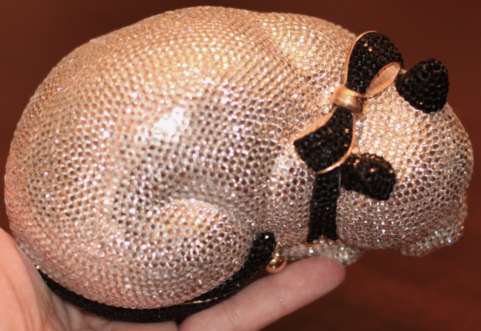 JUDITH LEIBER RESTING WHITE BLACK CAT SWAROVSKI CRYSTAL MINAUDIERE ...