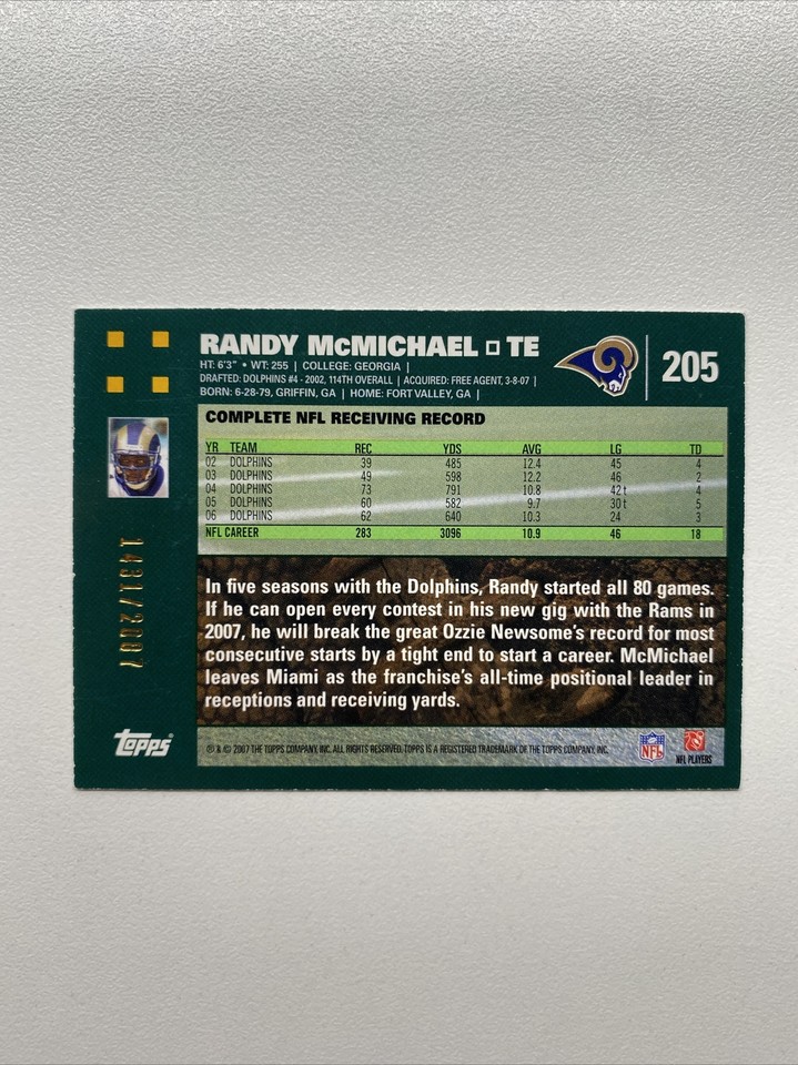 2007 Topps Copper St. Louis Rams Football Card 205 Randy McMichael ...