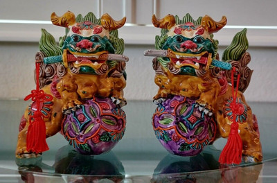 2 Multicolor Hand Painted Foo Dog Dragon Resin Figurines 4.5" | eBay