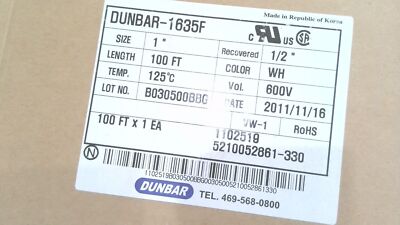 DUNBAR-1635F WHITE HEAT SHRINK TUBING, 1" 2:1 HEAT SHRINK, 600V 125°C ...