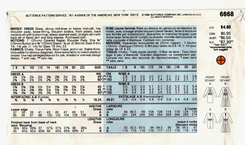 Butterick 6668 Dress Vintage 1988 Sewing Pattern Uncut Size 12 14 16 | eBay
