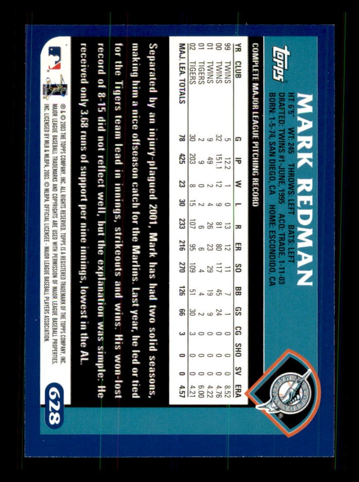 2003 Baseball Topps Mark Redman Florida Marlins #628 | eBay