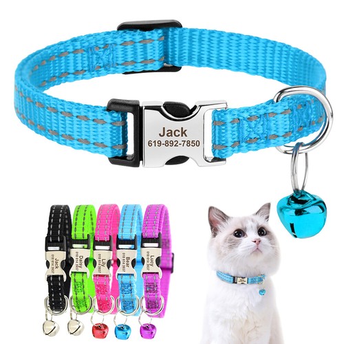 Nylon Personalized Cat Pet Collar & Bell Reflective Engraved Name Metal ...
