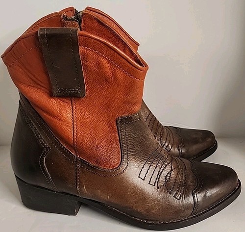 Mia Two Tone Brown & Burnt Orange Booties Leather Cowboy Short Boots Sz ...