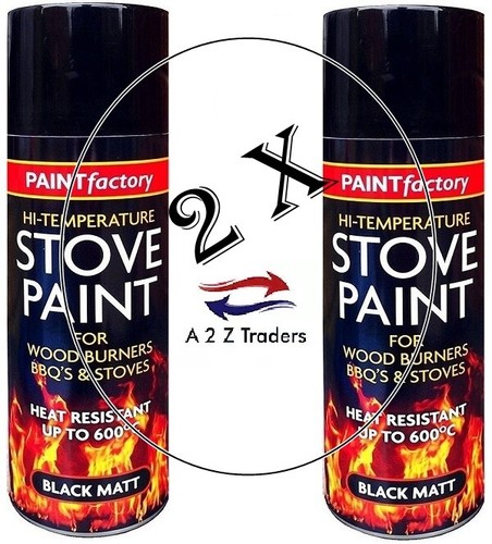 2 x HIGH TEMP BLACK STOVE SPRAY PAINT 600*C WOODEN BURNERS BBQ'S ...