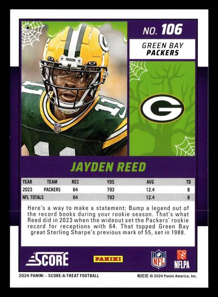 Jayden Reed 2024 Score-A-Treat Green Bats #106 Green Bay Packers *032 ...