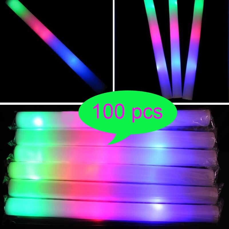 100X LED Light up 16 inch Multicolor Glow Foam Stick Cheer Tube Soft ...