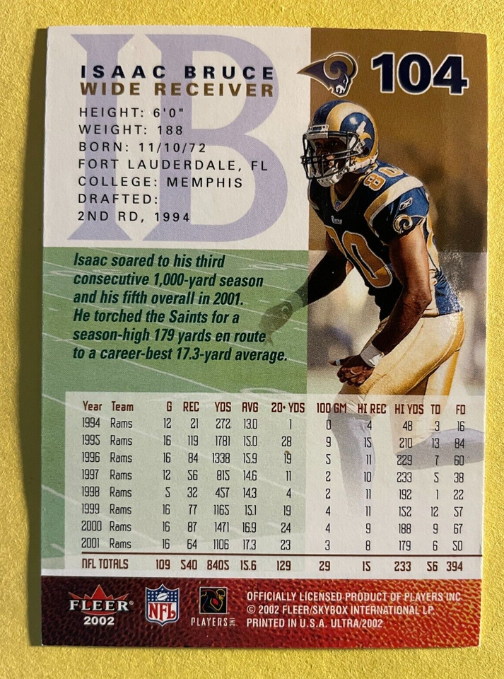 SIGNED ISAAC BRUCE 2002 FLEER ULTRA FOOTBALL CARD AUTOGRAPH - RAMS ...
