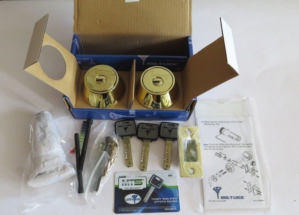 Mul T Lock MT5+ Deadbolt Hercular double Cylinder 3 keys -BRIGHT BRASS ...