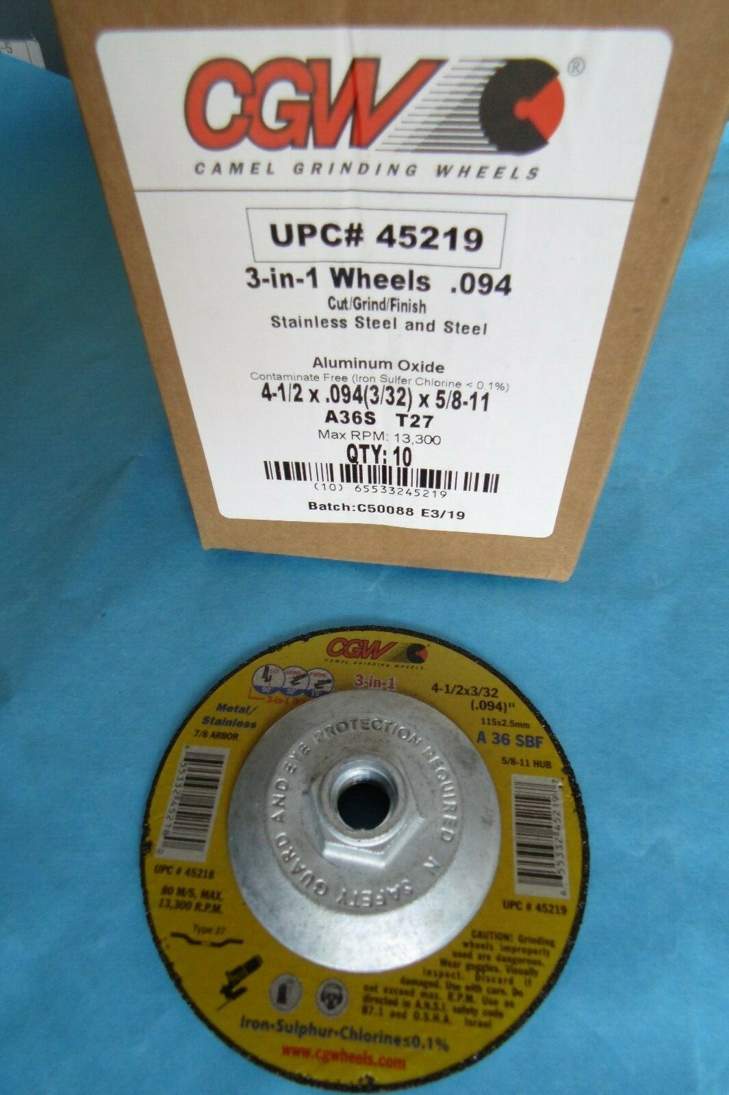 CGW 45219 4-1/2 x 3/32 (.094) x 5/8-11 Cut / Grind / Finish Wheel T27 ...