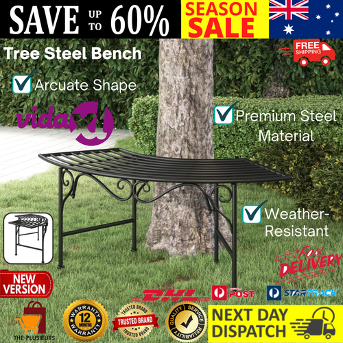 Metal Tree Bench Half-Round Style Black 113cm Half Circle Garden Seat ...