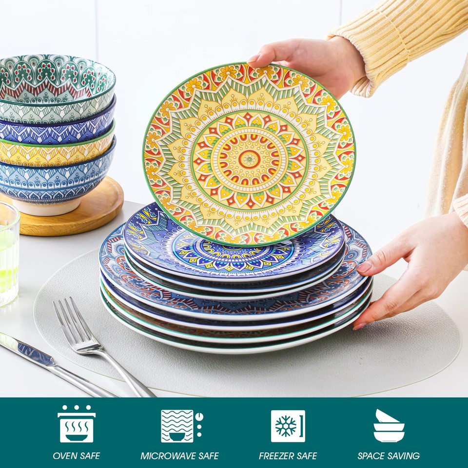 Mandala 12 Pieces Dinnerware Sets, Porcelain Dinner Set for 4, Boho ...