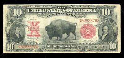 1901 $10 Ten Dollars Legal Tender United States Note Red Seal Bison ...