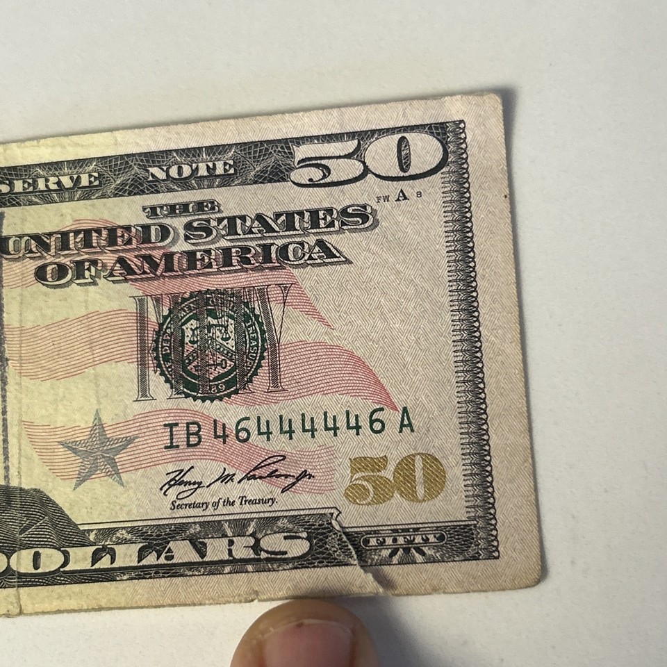 2008 $50 Dollar Bill Fancy Serial Number IB #46444446 A . Small Tear | eBay
