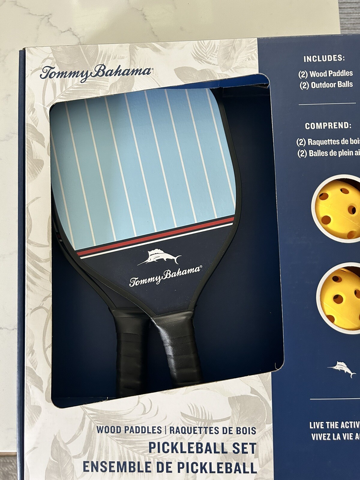 Tommy Bahama Pickleball Set 2 Blue Wooden Paddles 2-Yellow Game Balls ...
