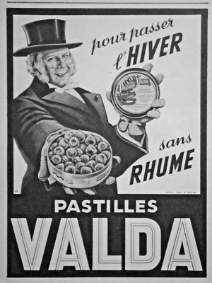 PUBLICITÉ DE PRESSE 1953 PASTILLES VALDA POUR PASSER L'HIVER SANS RHUME ...