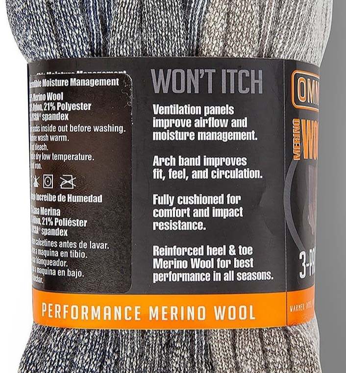 Omni Men's Wool Merino Tech Performance Socks, Black/Blue/Gray, 3 Pairs ...