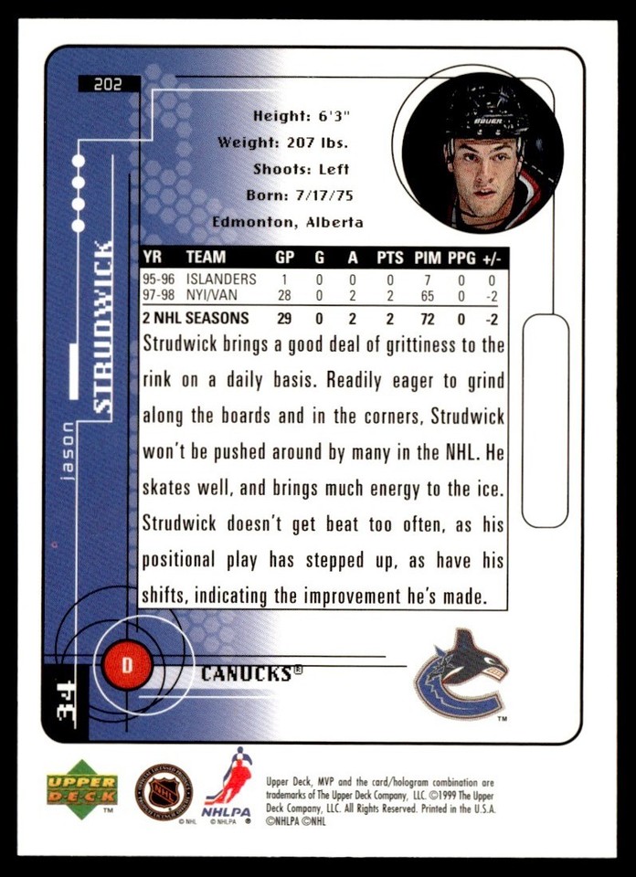 1998-99 Upper Deck MVP Jason Strudwick Rookie Vancouver Canucks #202 | eBay