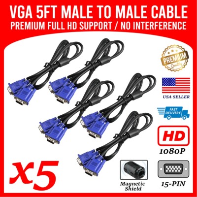 5 Pack - Brand New VGA cable High Definition 5Ft 1080p HD Monitor ...