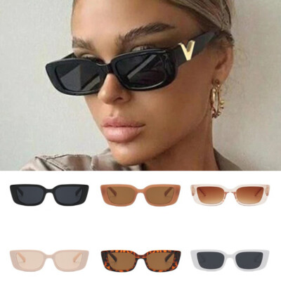 Women Fashion Square sunglasses Small Size Deep Metal V Deco Sunnies UV ...