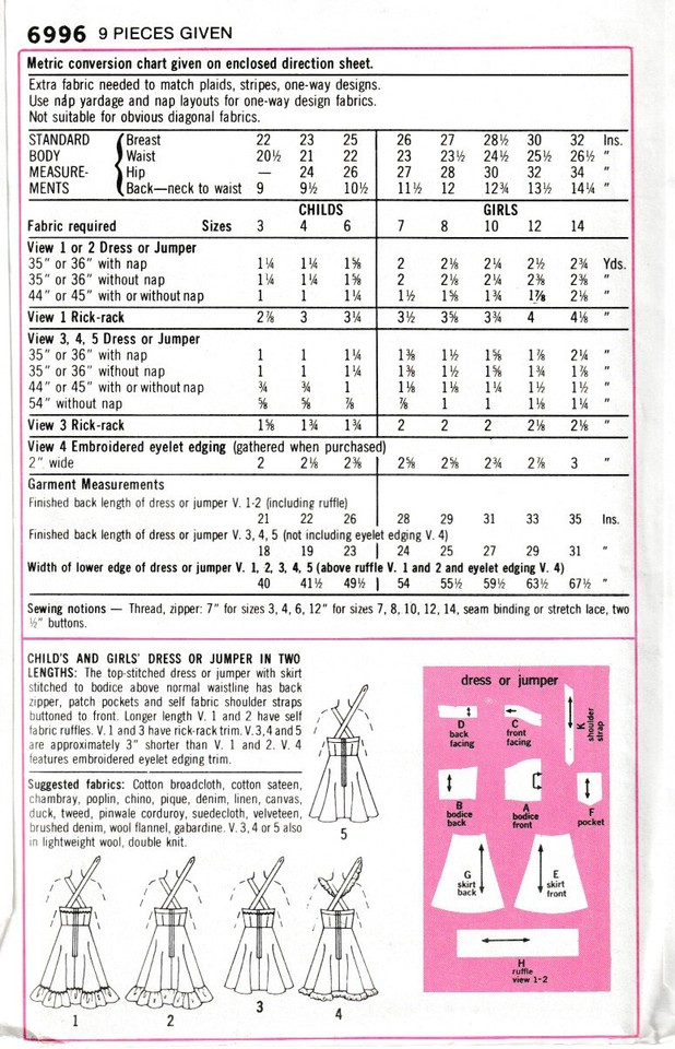 Simplicity Pattern 6996 ©1975 Girls' Dress or Jumper in Two Lengths ...