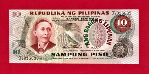 10 Piso 1949 / 1970 PILIPINAS UNC NOTE Apolinario Mabini Barosoain ...