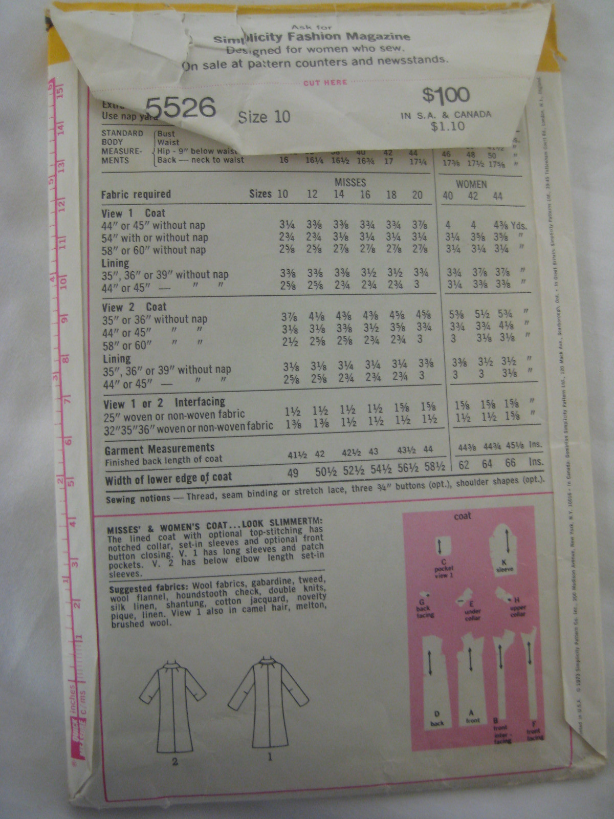 Vintage Simplicity 5526 OPTIONAL BUTTONING LINED COAT Sewing Pattern ...