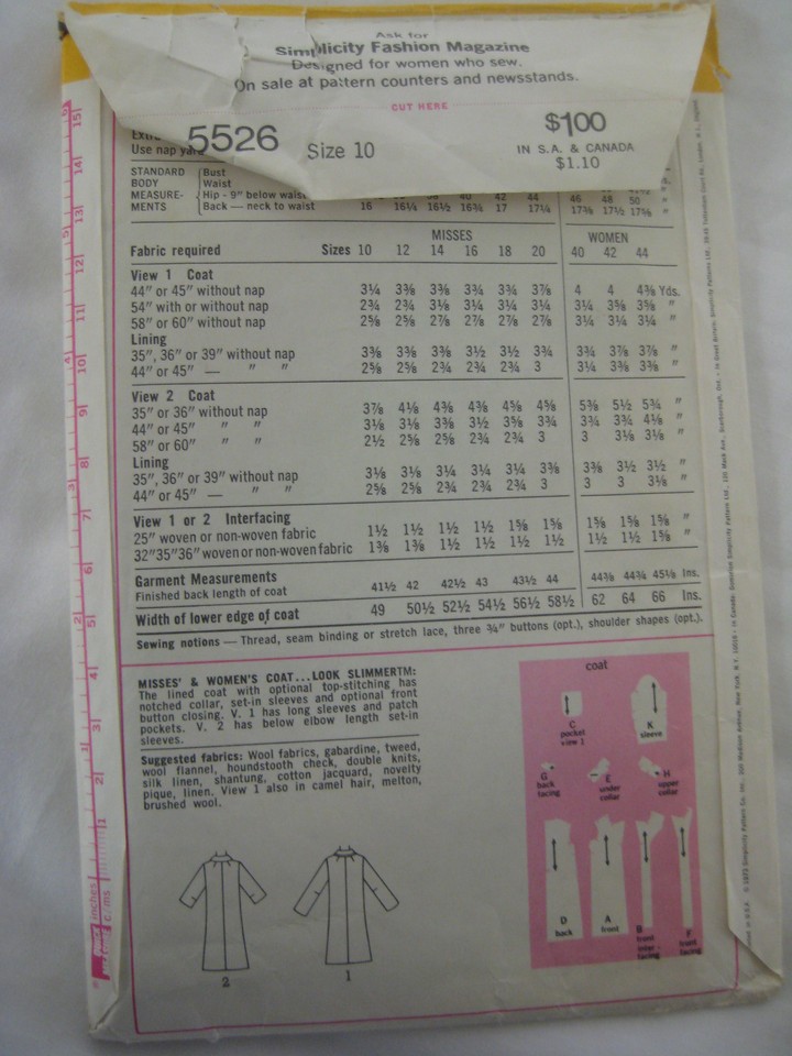 Vintage Simplicity 5526 OPTIONAL BUTTONING LINED COAT Sewing Pattern ...