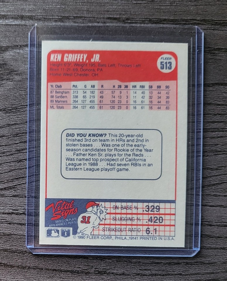 Ken Griffey Jr. 1990 Fleer #513 *ERROR* Misprint Blue Heart/Mark on ...