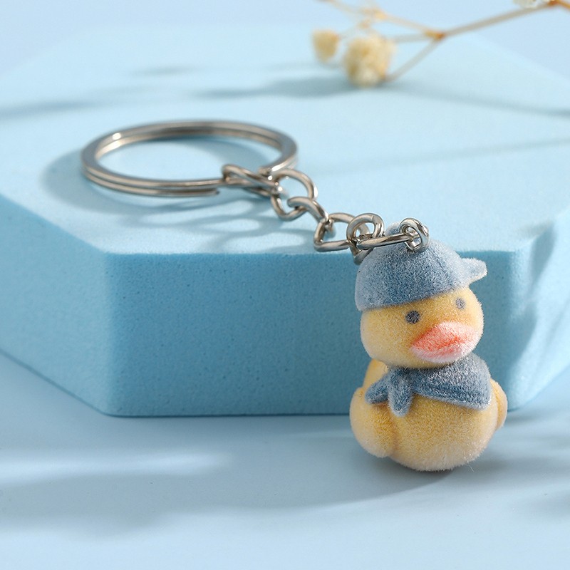 Cartoon Flocking Duck Keyring 3D Little Yellow Duck Keychain Bag ...