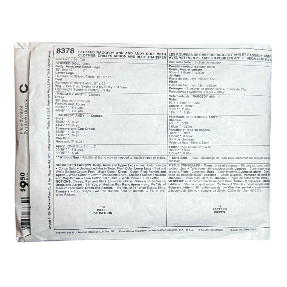 McCall’s Sewing Pattern 8378 Raggedy Ann And Andy Doll 36” and Clothes ...