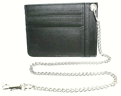 Black Slim Leather Card Case Wallet with chain Minimalist Front Pocket ...