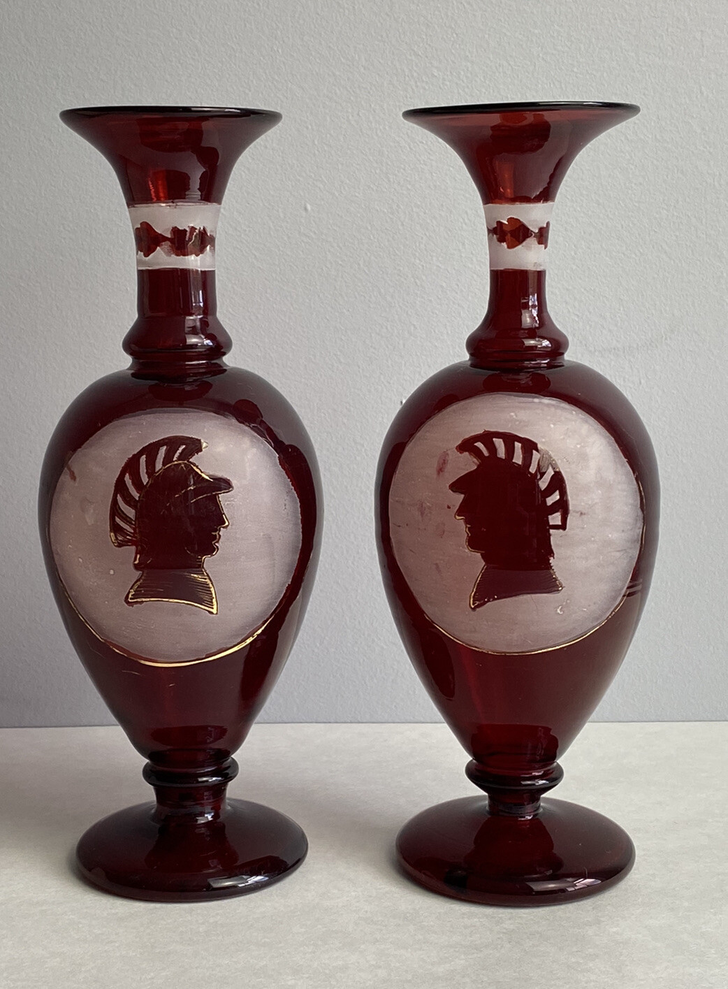 Antique Bohemian Ruby Red Flash Blown Glass Vases Set Pontil Etched ...