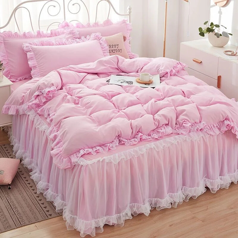 Princess Bedding Set Ruffled Duvet Cover Lace Bed Skirt Pillowcase ...