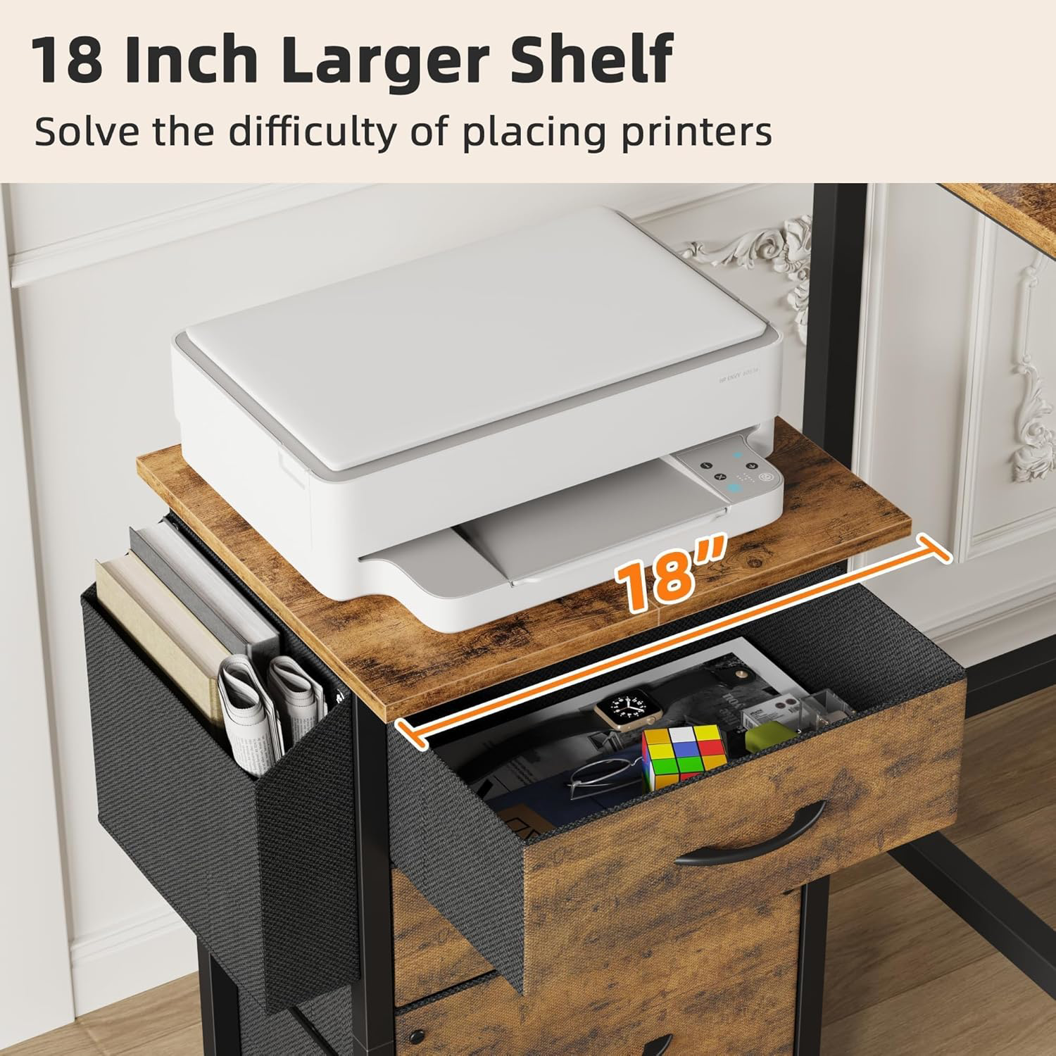 3 Drawer File Cabinet with 18'' Extended Board, Fabric Drawer, Mobile ...