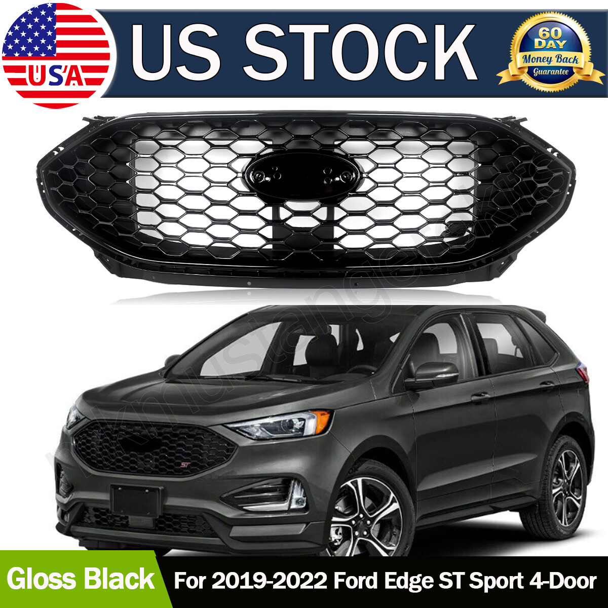 Front Upper Grille Gloss Black Trim Grill For 2019-2022 Ford Edge ST ...