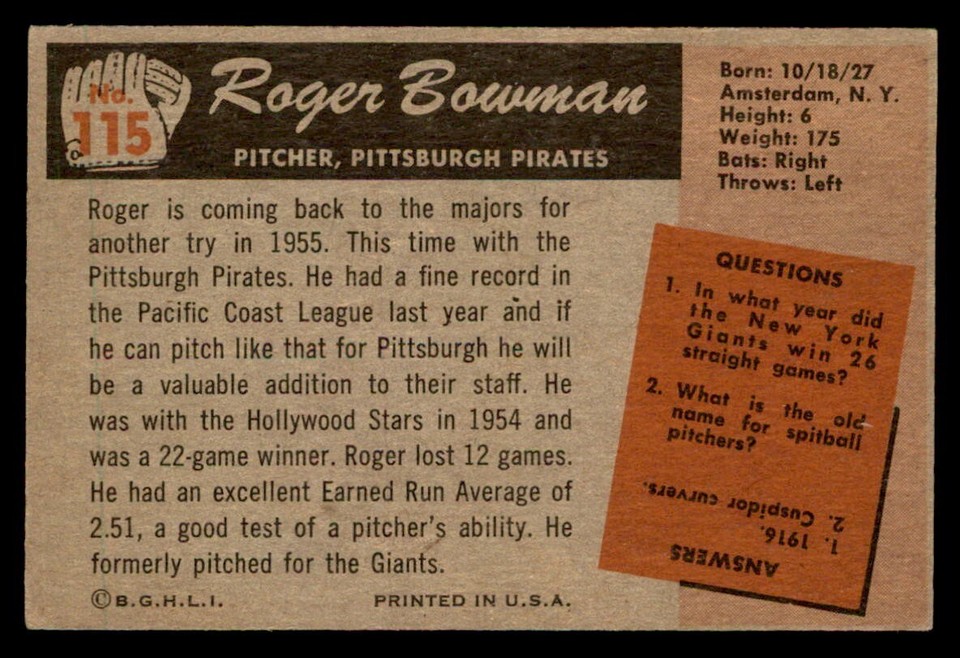 1955 Bowman Baseball #115 Roger Bowman VG *g3 | eBay