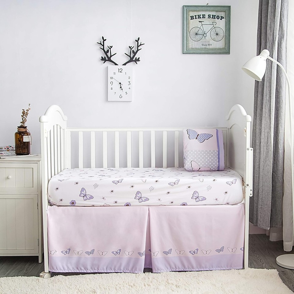 Baby Crib Bedding Set for Girls, Lilac Butterfly 3 Piece Standard Size ...