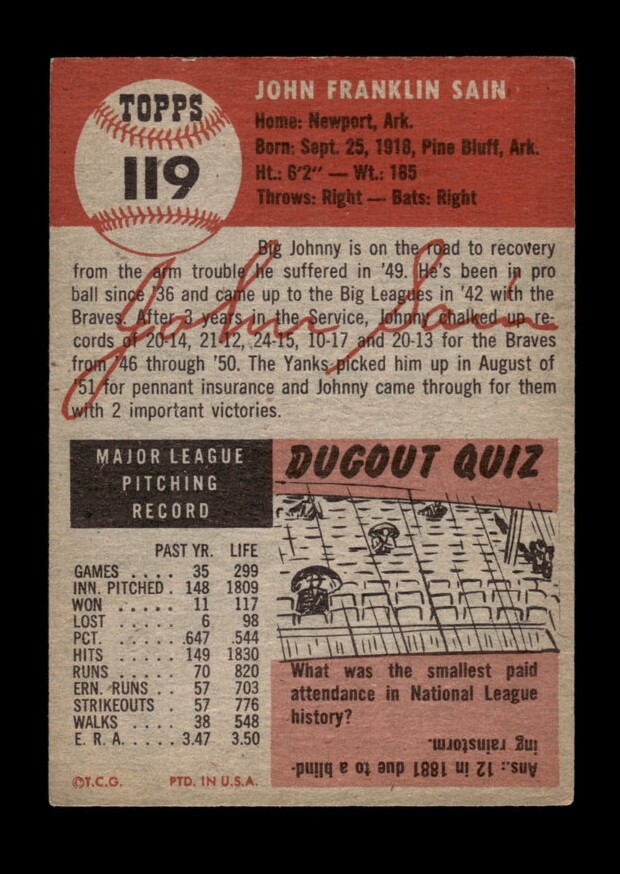 1953 Topps Set-Break #119 John Sain EX-EXMINT *GMCARDS* | eBay