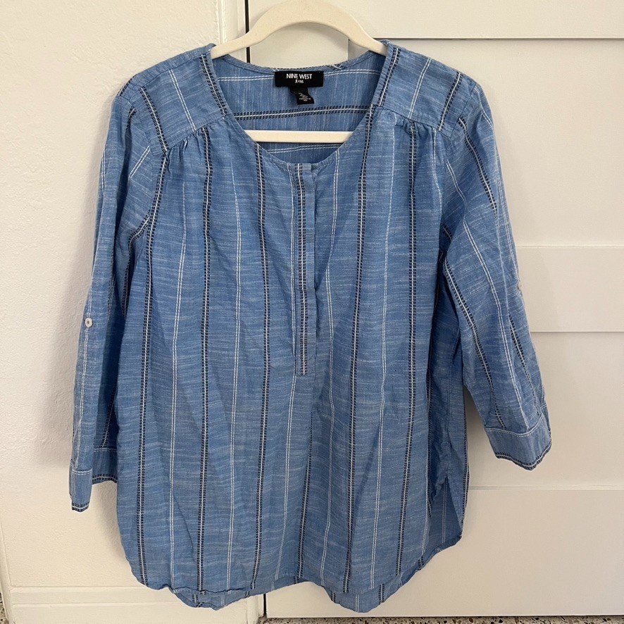 Nine West Lucy chambray tunic blouse blue white rope stripes womens ...