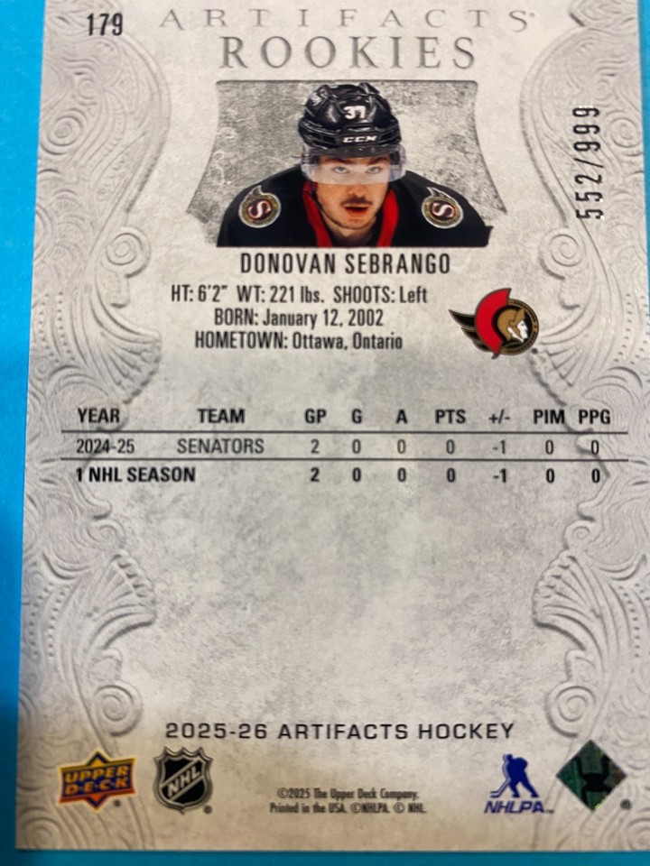 2025-26 Upper Deck Artifacts Rookies DONOVAN SEBRANGO, #179, serial ...