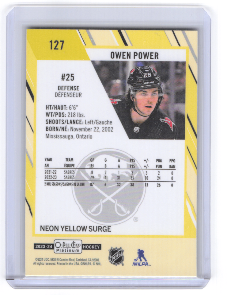 2023-24 O-Pee-Chee Platinum Owen Power Neon Yellow Surge | eBay