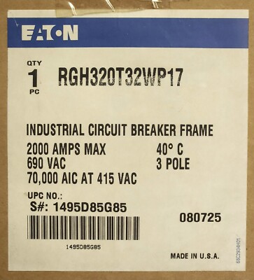 EATON RGH320T32W P17 3 Pole 2000 AMP Type RGH 70K Circuit Breaker ...