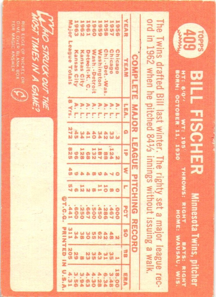 1964 Topps #409 Bill Fischer | eBay