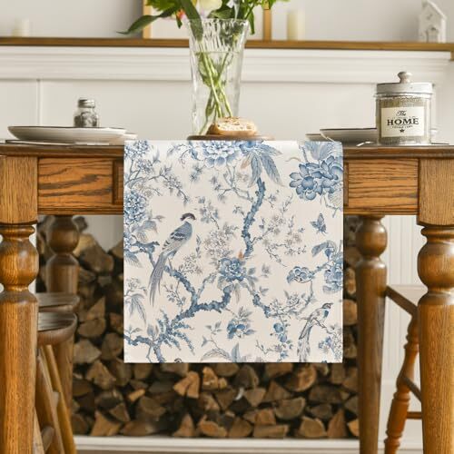 Peacock Flower Chinoiserie Pompon Fall 13" x 72", Table Runner Blue ...